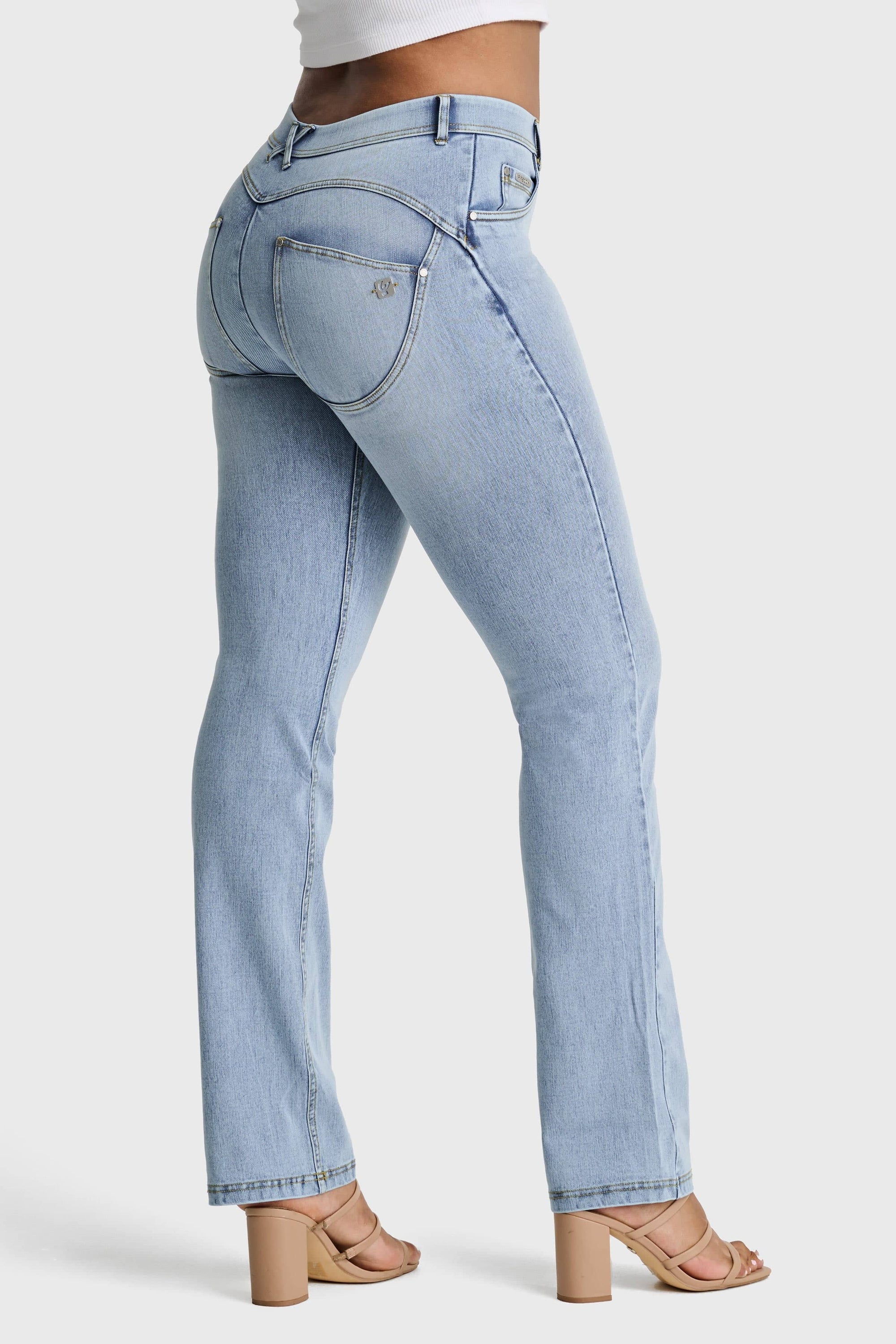 Light Blue Yellow Stitching 2 Button High Waisted Bootcut Wrup® Snug